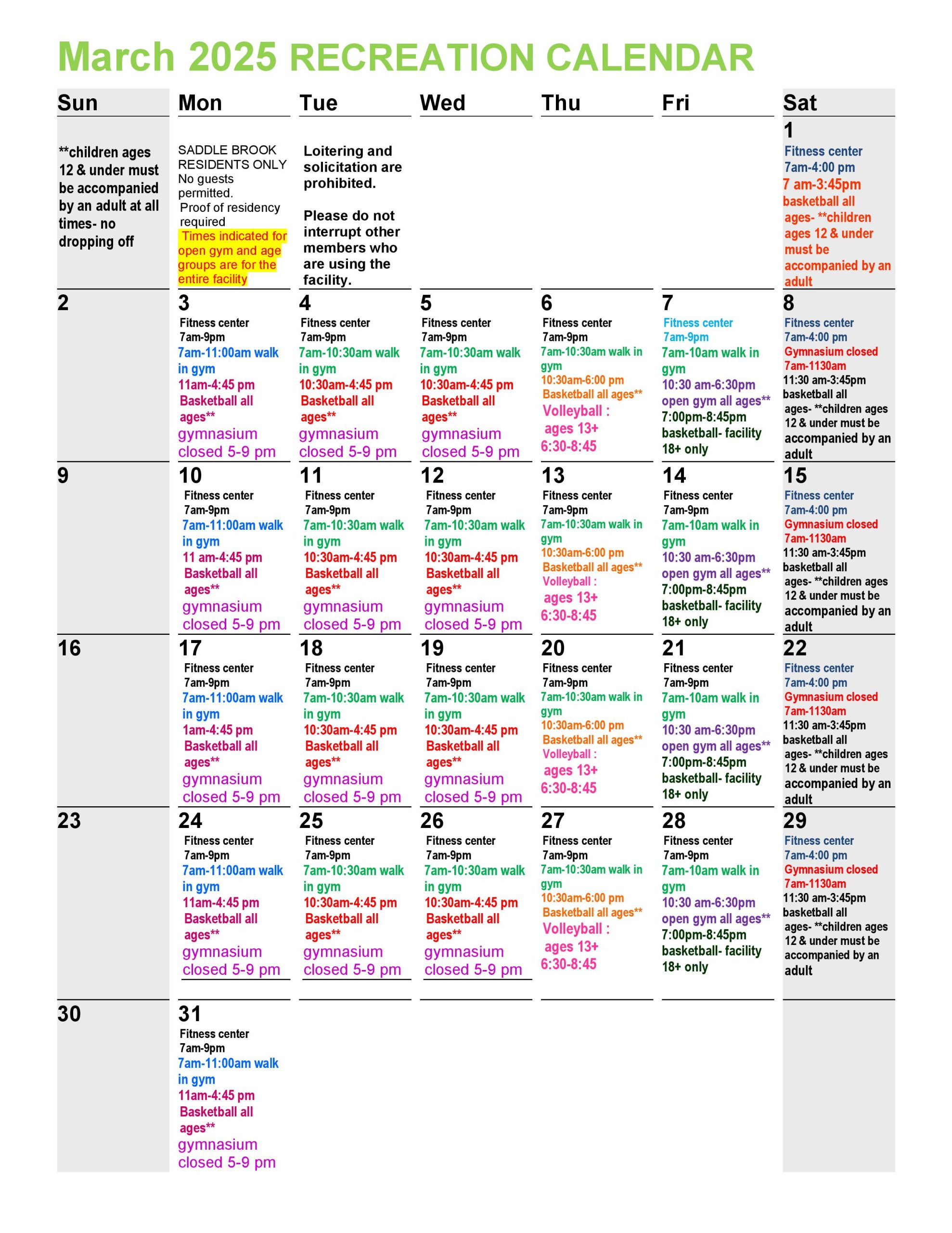 March 2025 rec calendar - Township of Saddle Brook New Jersey